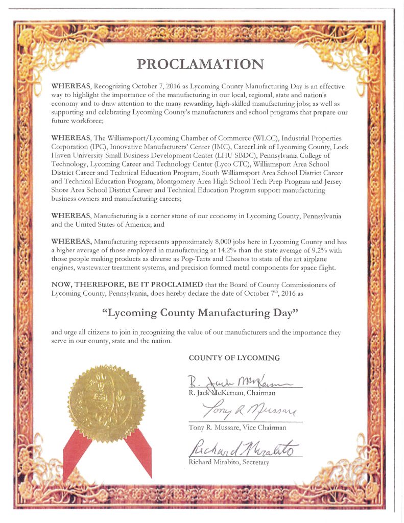 Commissioners Proclaim October 7th Lycoming County Manufacturing Day | IMC